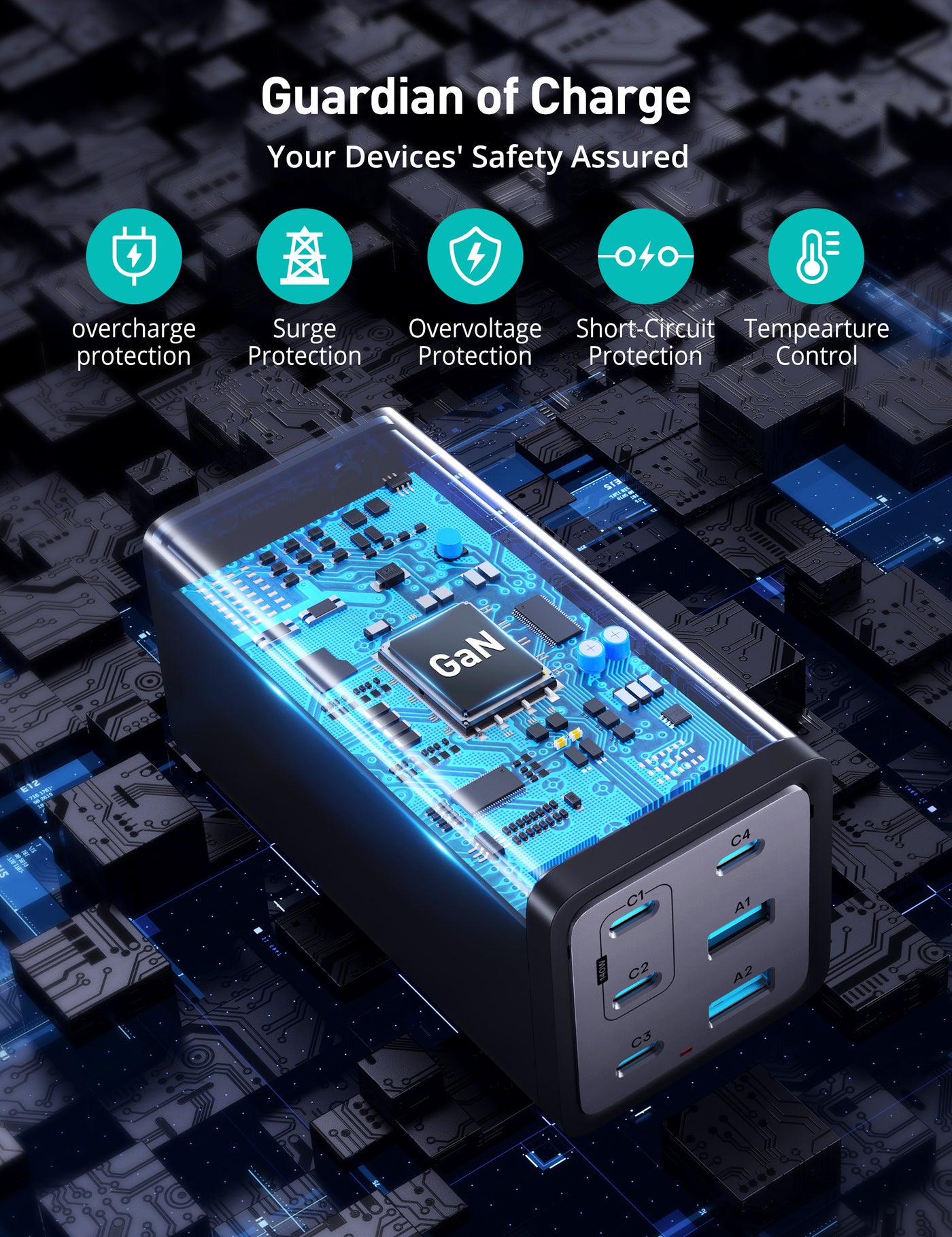 200W USB C Desktop Charger - 6 Ports GaN Power Adapter & Fast Charging